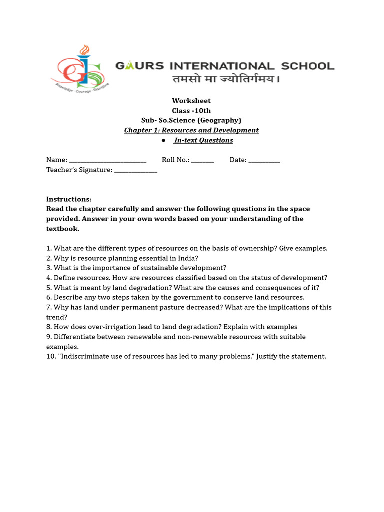 Class 10 Geography Resources Worksheet | PDF