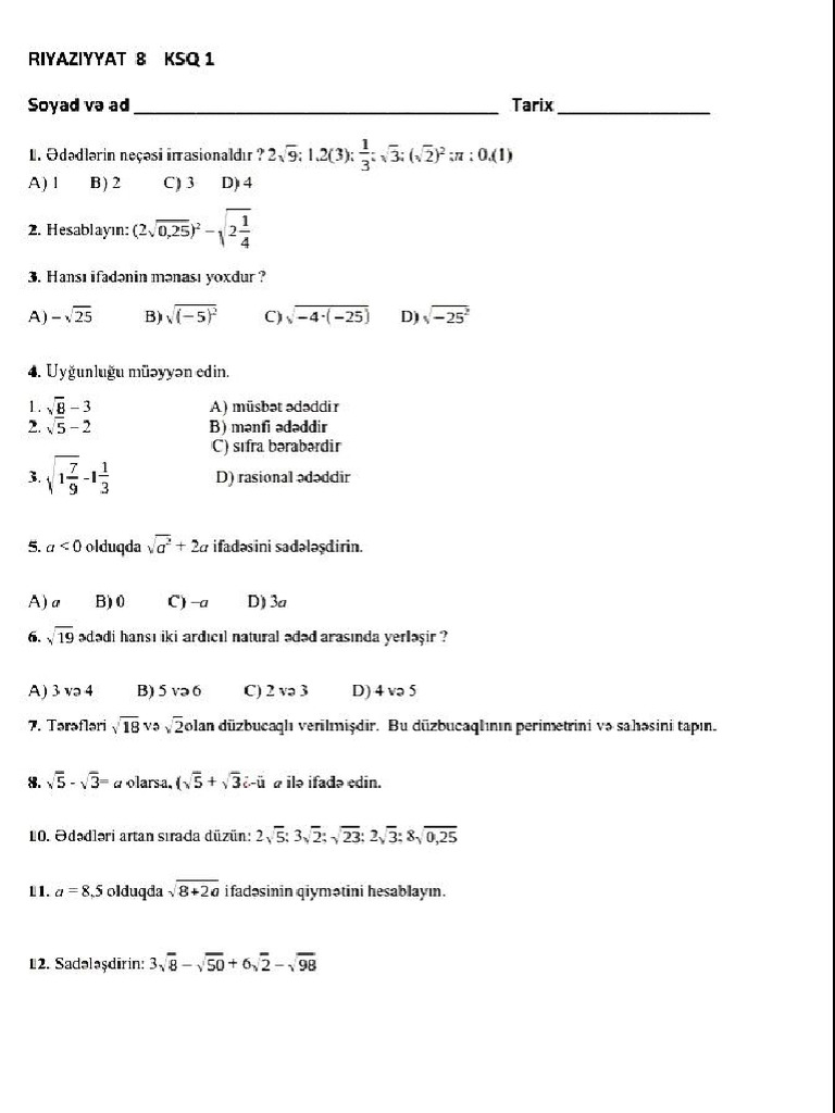 8 - Ci Sinif Riyaziyyat KSQ 1,2,3 | PDF