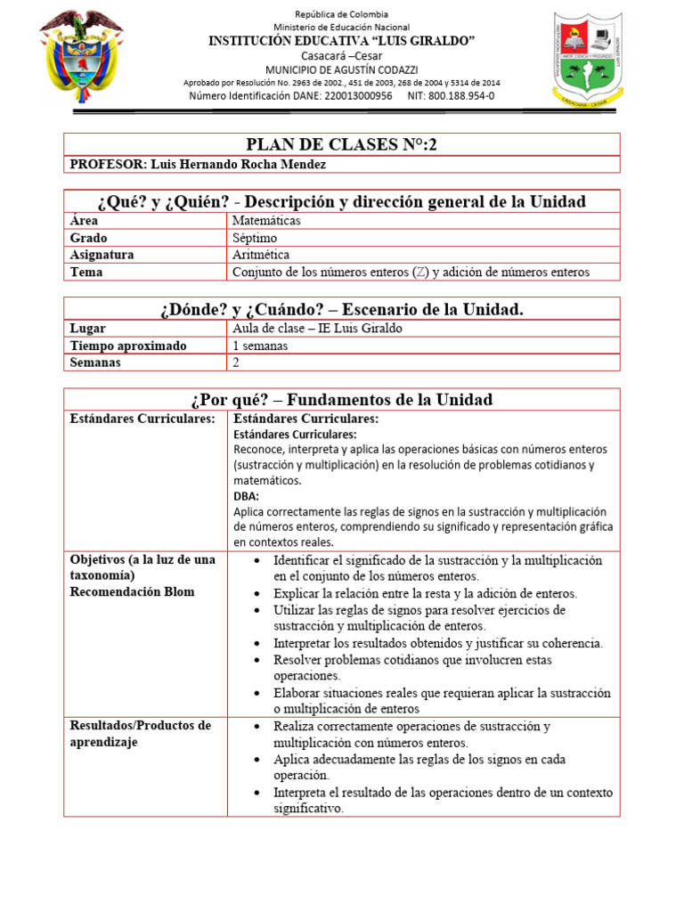 Plan #2 Aritmetica Septimo | PDF | Sustracción | Multiplicación
