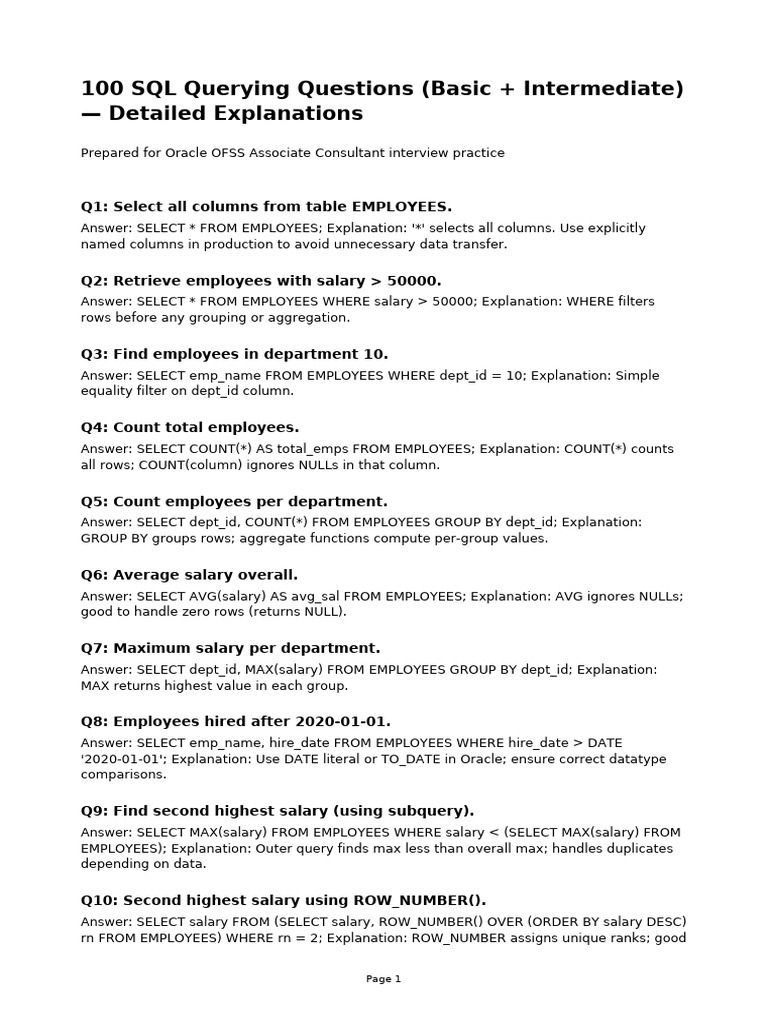 SQL Query Practice Aligned | PDF | Pl/Sql | Databases