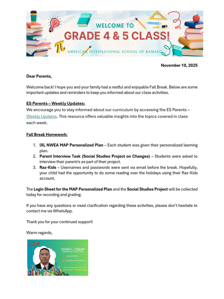 Weekly Class Updates for Parents | PDF