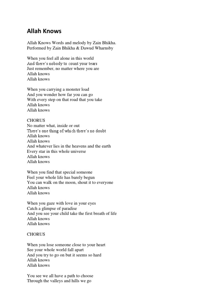 Zain Bhikha - Allah Knows Lyrics | PDF | Prayer | Religion And Belief