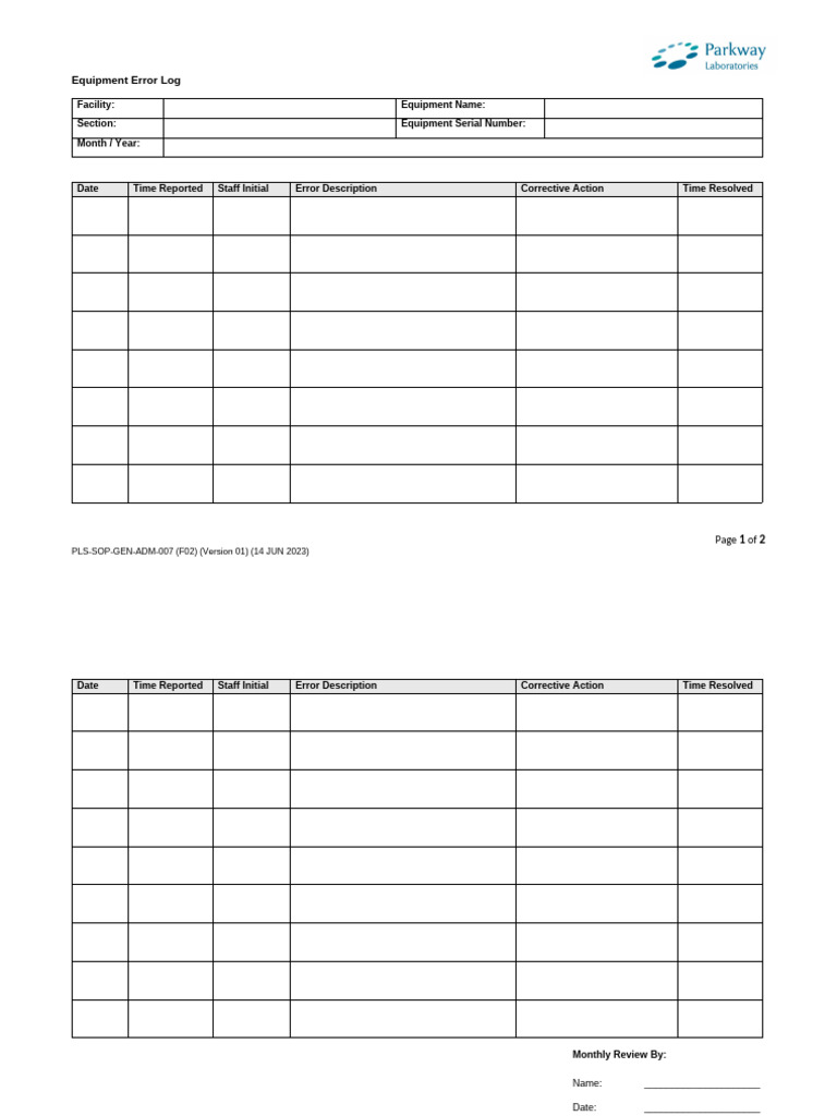 Equipment Error Log Template | PDF