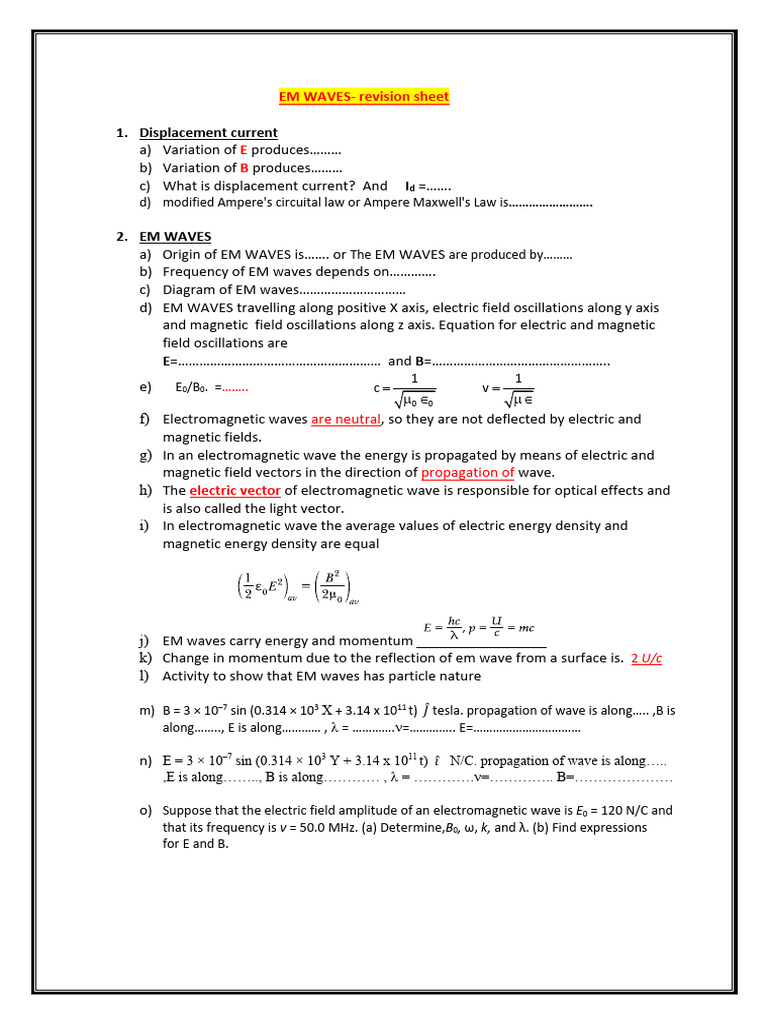 EM WAVES- Revision Sheet | PDF | Ultraviolet | Electromagnetic Radiation