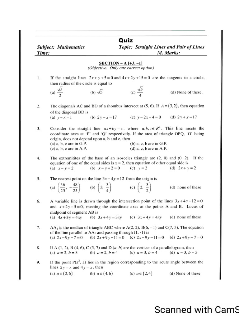 Quiz - Straight Lines and Pair of Lines | PDF