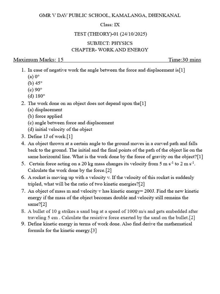 Physics Test: Work and Energy Class IX | PDF