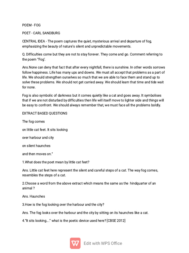 Carl Sandburg's Poem "Fog" Analysis | PDF