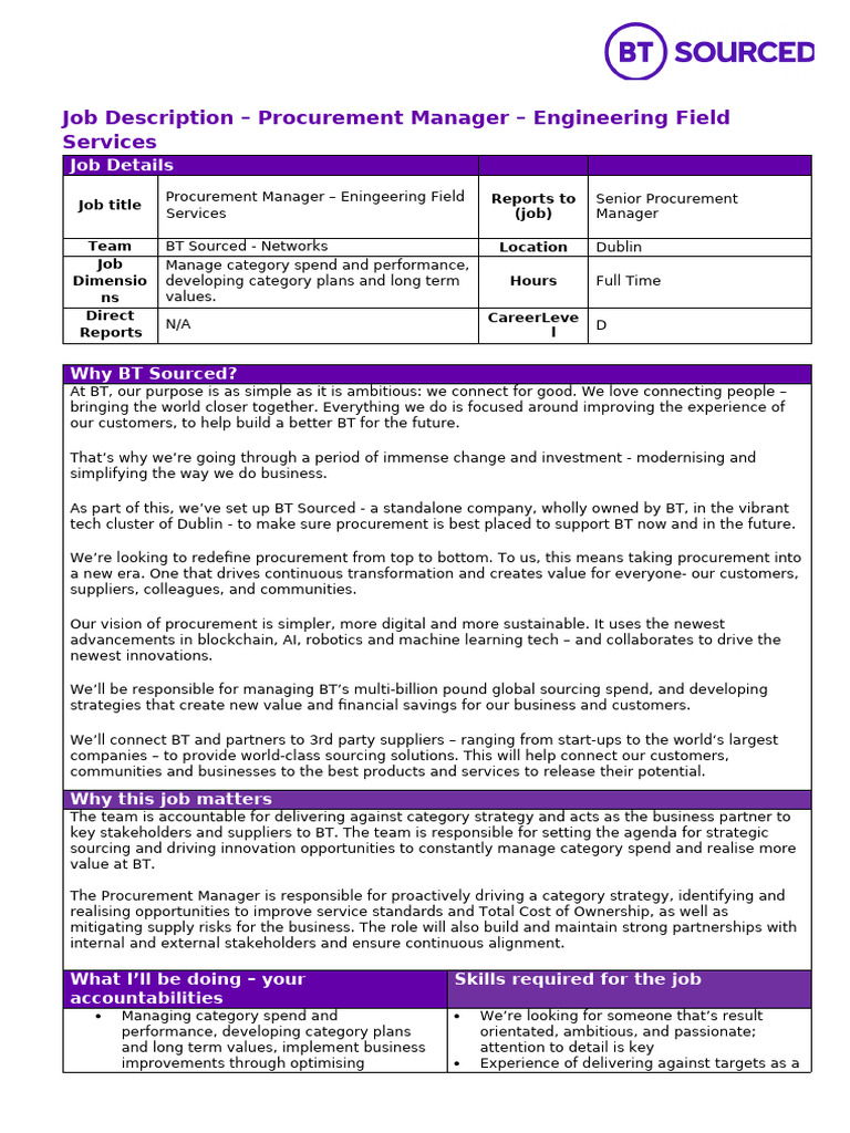 Procurement Manager - Engineering Field Services JD | PDF | Supply ...