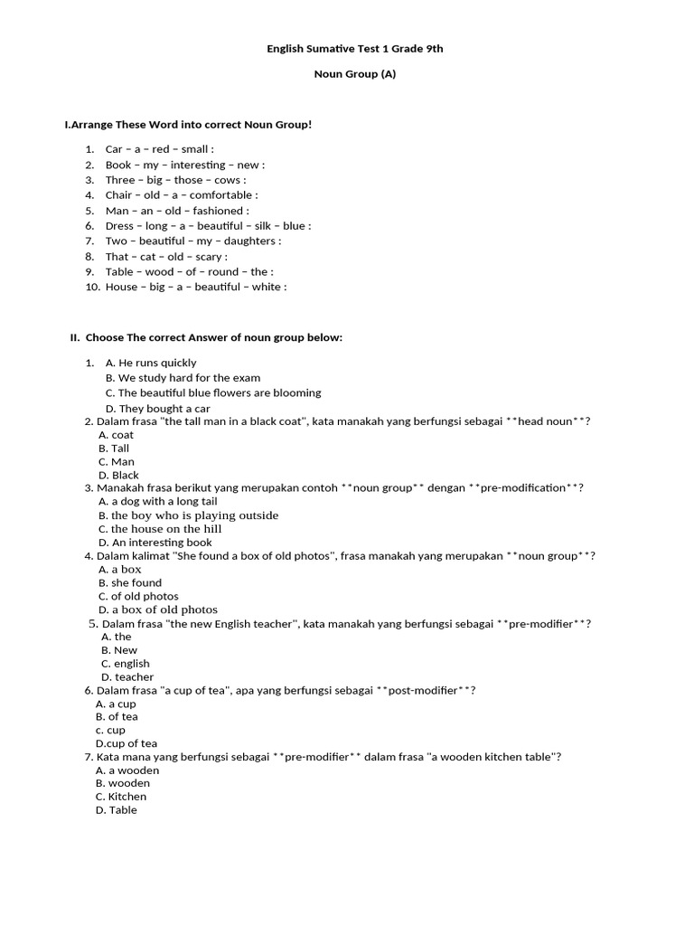English Sumative 1 Noun Group Grade 9 | PDF