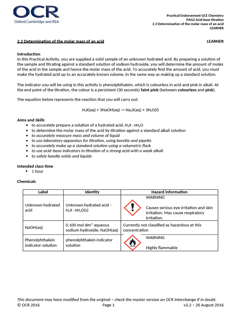 Chemistry PAG 2.2 Learner v2.2 | PDF | Titration | Chemistry
