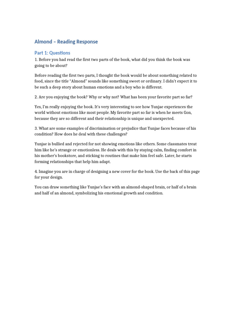 Almond Book Reading Response Analysis | PDF | Anger | Empathy
