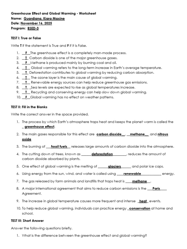 Greenhouse Effect and Global Warming Worksheet | PDF | Climate Change ...