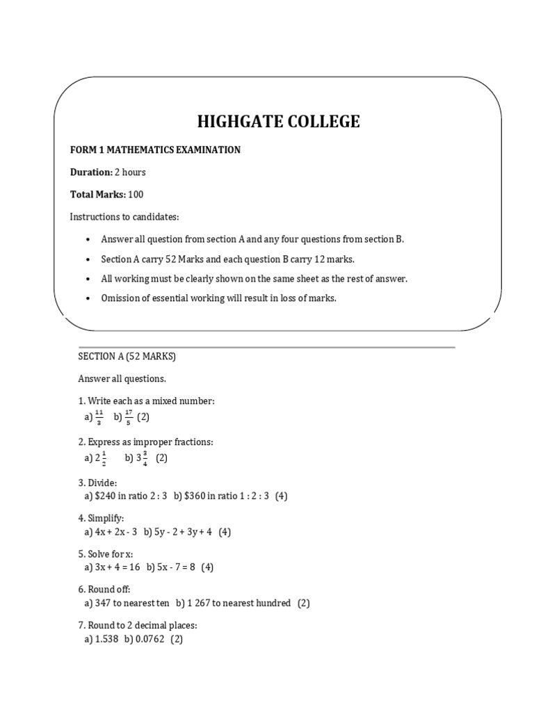 Form 1 Maths | PDF | Area | Mathematics