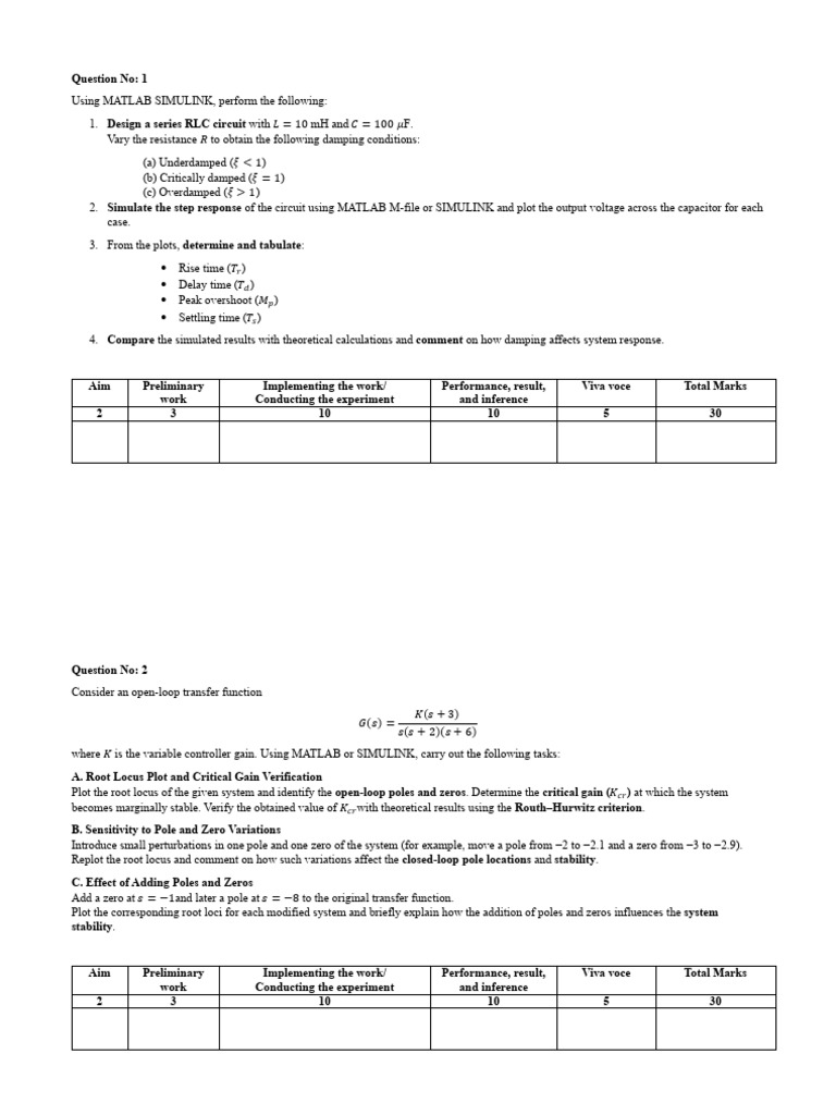 EEL411 CS LAB Questions | PDF | Control Theory | Electronic Circuits