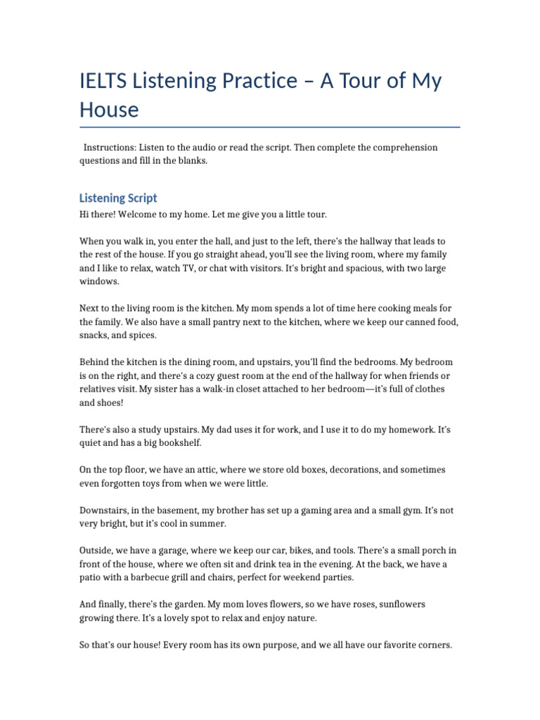 IELTS Listening: House Tour Practice | PDF | Room | Bedroom