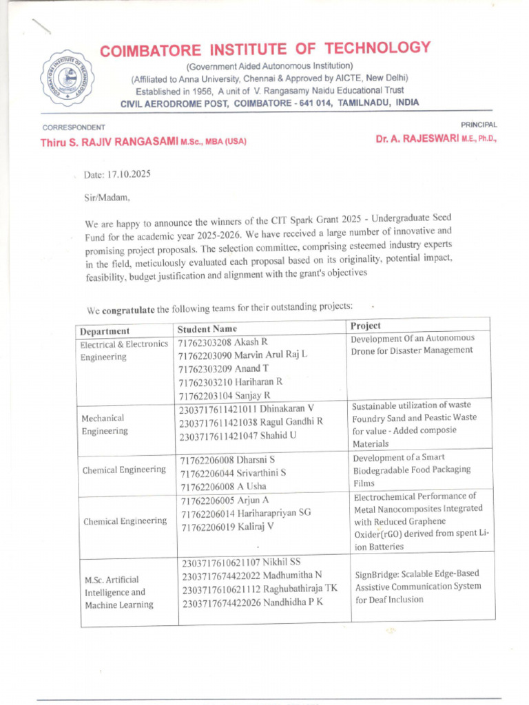 CIT SPARK GRANT 2025 - Result Annoucement | PDF