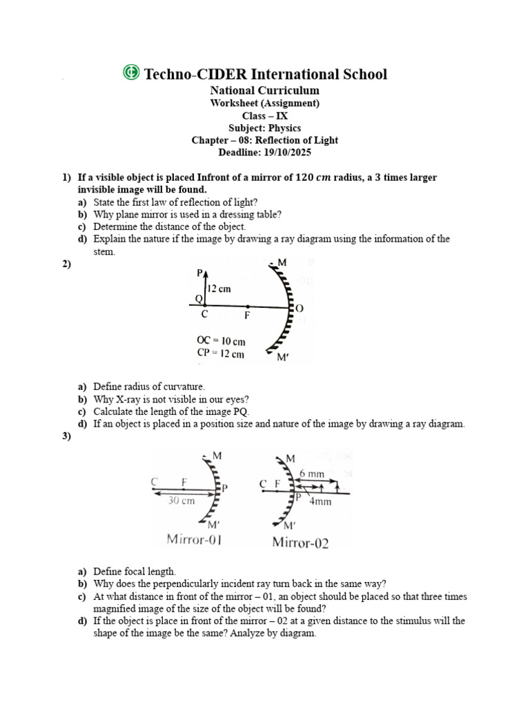 Class IX Physics: Reflection of Light Worksheet | PDF