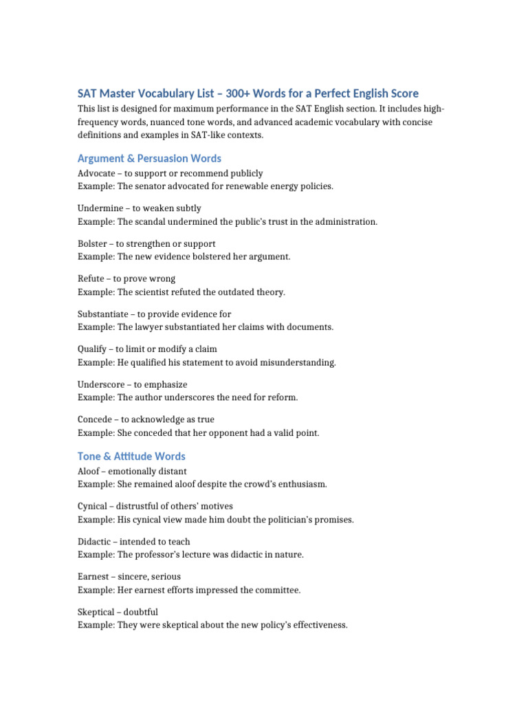 SAT Vocabulary List for English Success | PDF