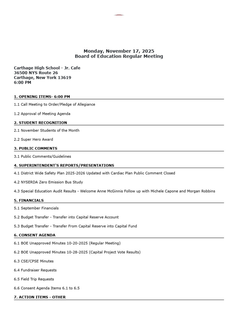 Carthage Central School District Board of Education Agenda Nov. 17 ...