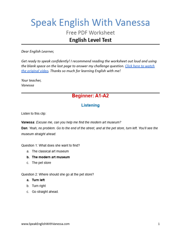 English Level Test Worksheet PDF | PDF