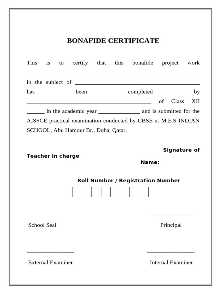 Bonafide Certificate Template for Class XII | PDF