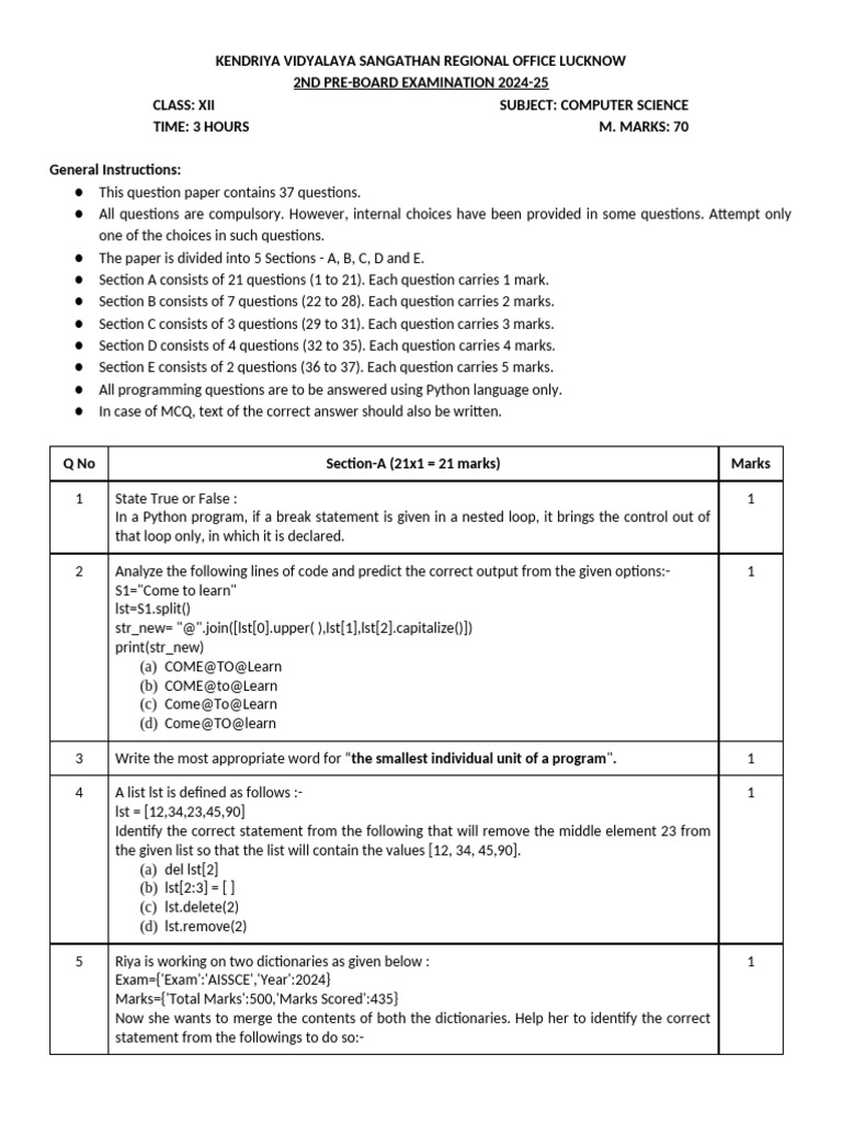 KV_XII CS QP | PDF | Control Flow | Computer Programming