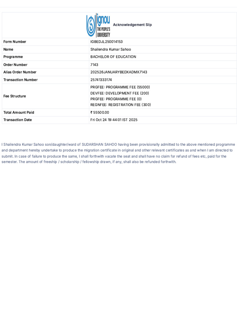 IGNOU B.Ed Admission Acknowledgment | PDF