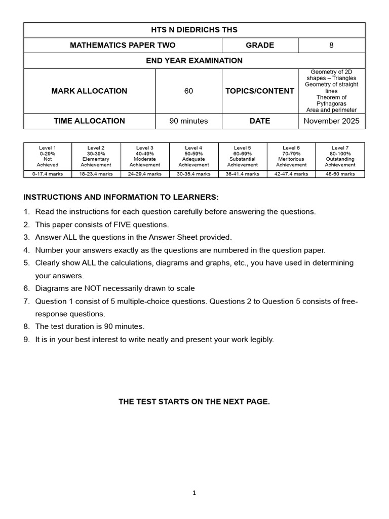 Maths Paper 2 Grade 8 | PDF | Area | Rectangle