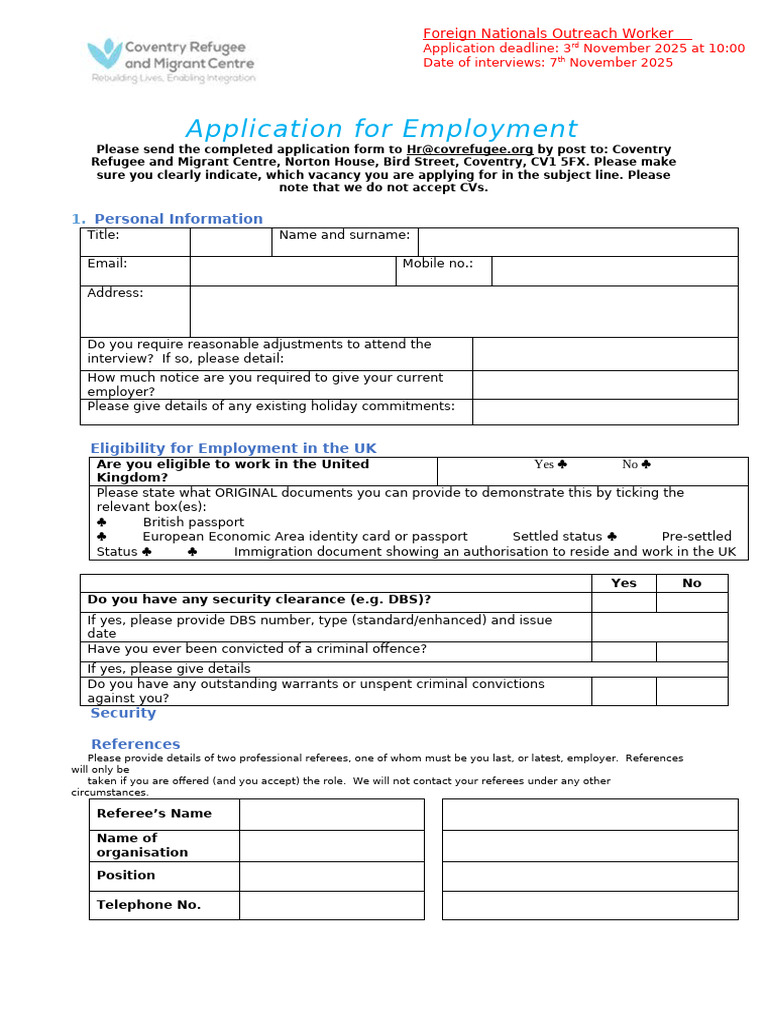 Foreign Nationals Outreach Worker Application Form | PDF | Disability ...