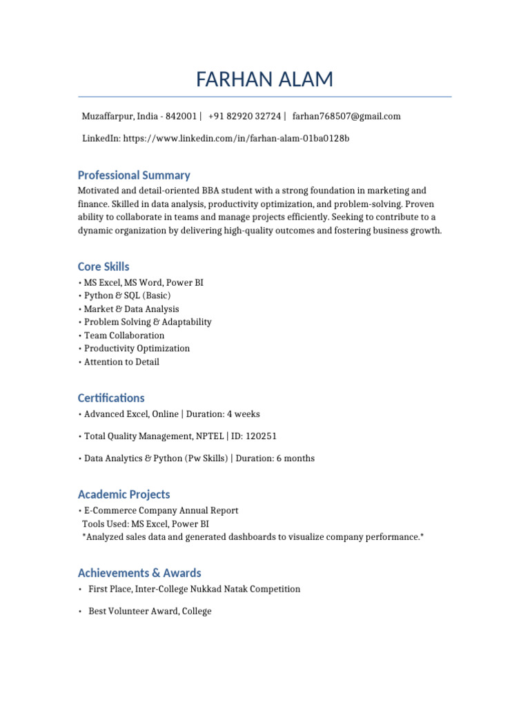 Farhan Alam CV | PDF