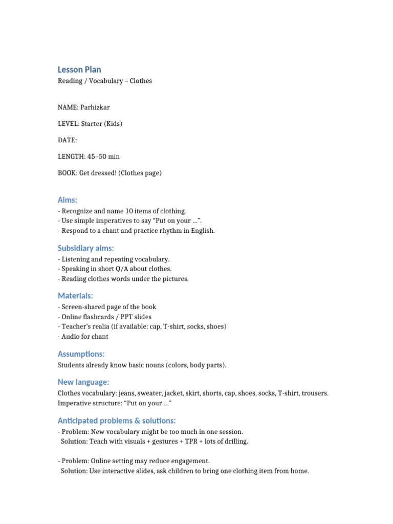 Lesson Plan Clothes Online Colored | PDF