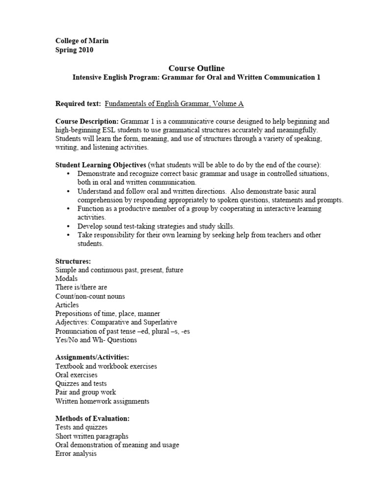 Intensive English Grammar Course Outline | PDF