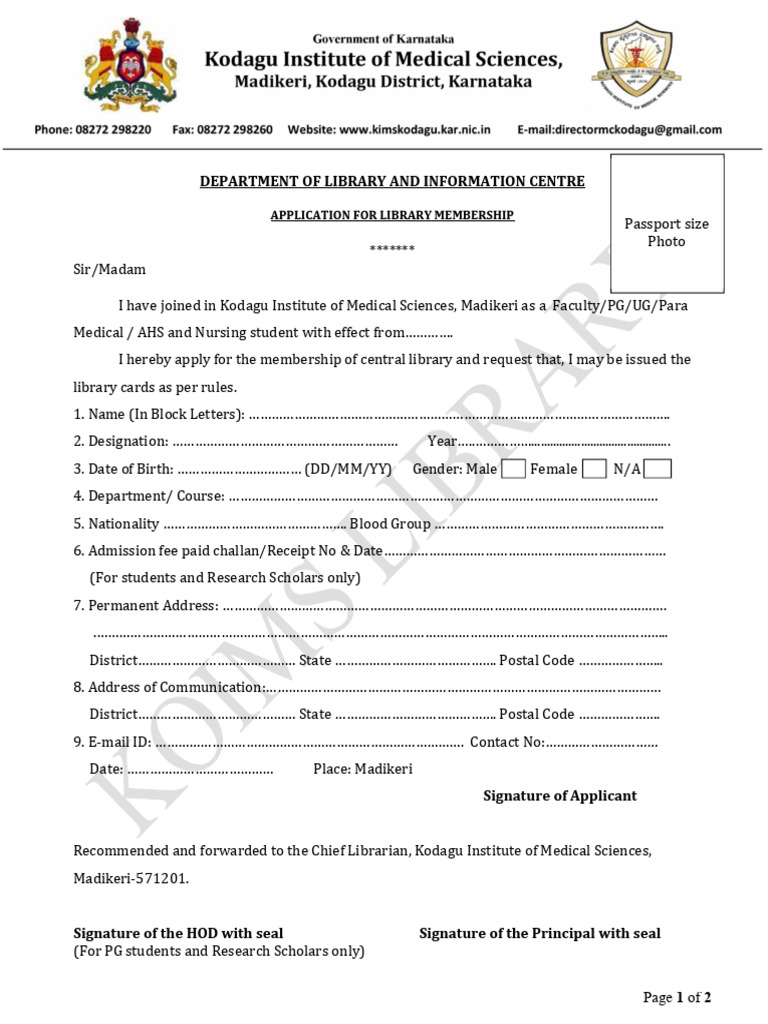Student Library Membership Application | PDF