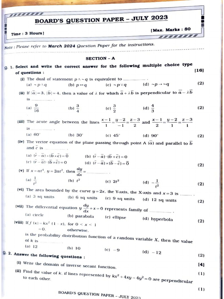 PYQ Paper MATH Class 12 Maharashtra SSC | PDF