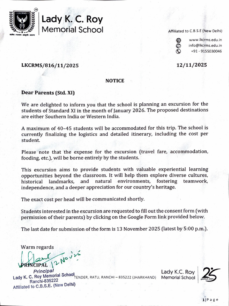 NOTICE NO. 816 (Re. Class-XI Excursion Trip) | PDF | Learning