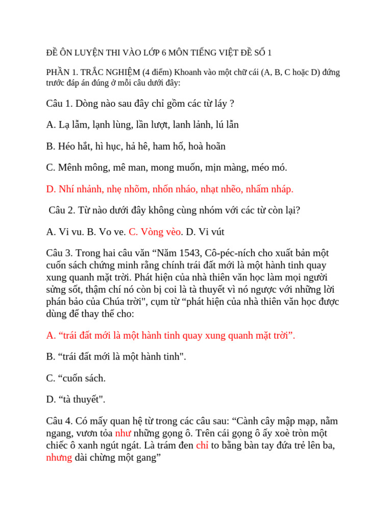 ĐỀ ÔN LUYỆN THI VÀO LỚP 6 MÔN TIẾNG VIỆT ĐỀ SỐ 1 | PDF