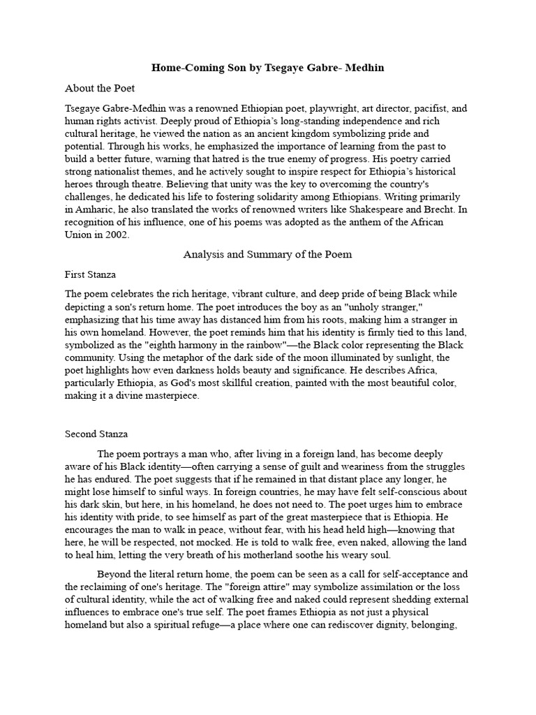 Homecoming Son: Embracing Identity in Ethiopia | PDF | Poetry