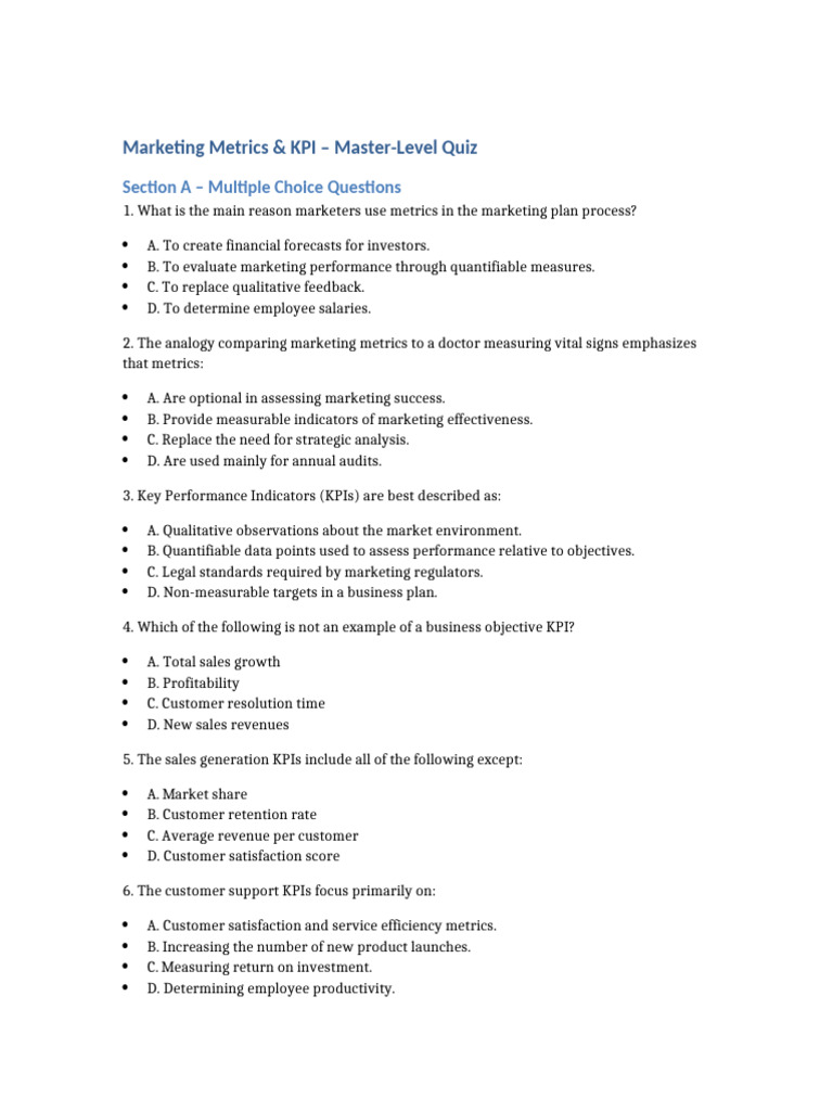 Marketing Metrics & KPI Quiz | PDF | Performance Indicator | Marketing