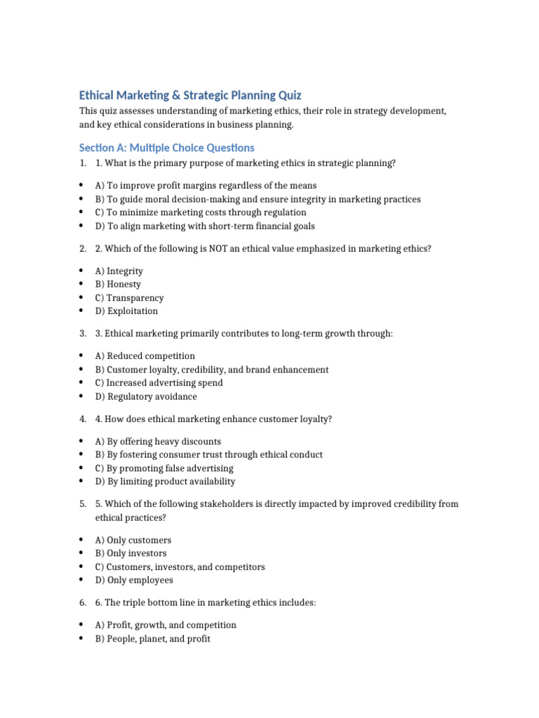 Ethical Marketing Strategy Quiz and Case Study | PDF | Marketing ...