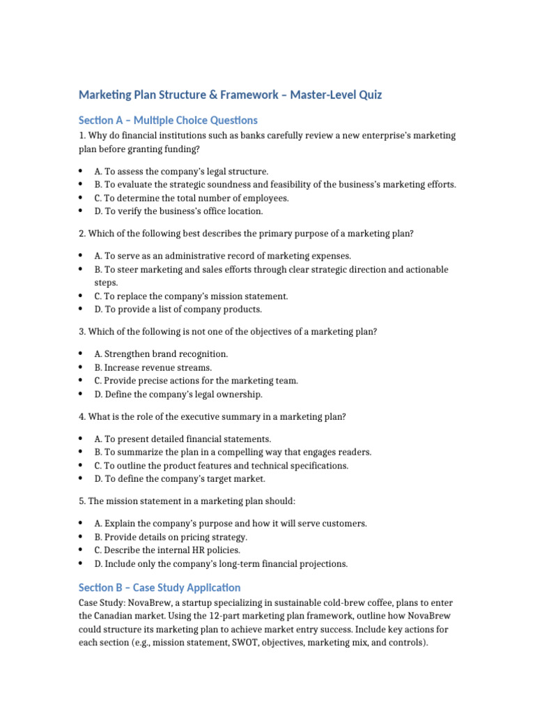 Marketing Plan Structure Framework Quiz | PDF