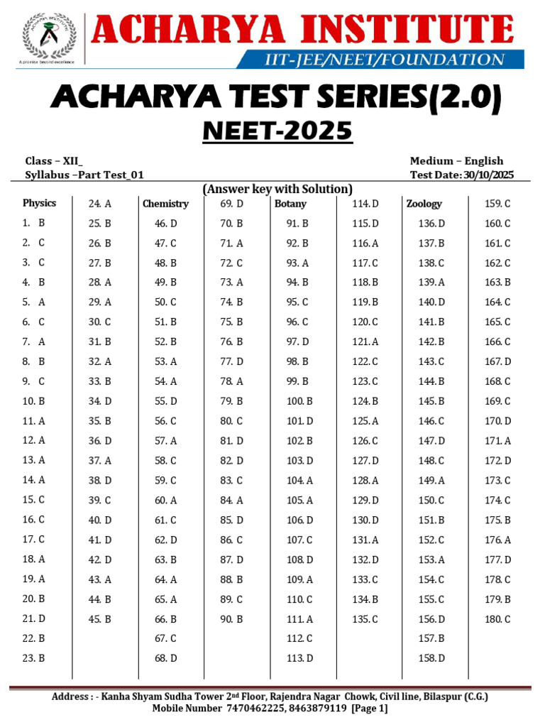 01 Answer Class XII NEET (1) | PDF | Chess Theory | Chess