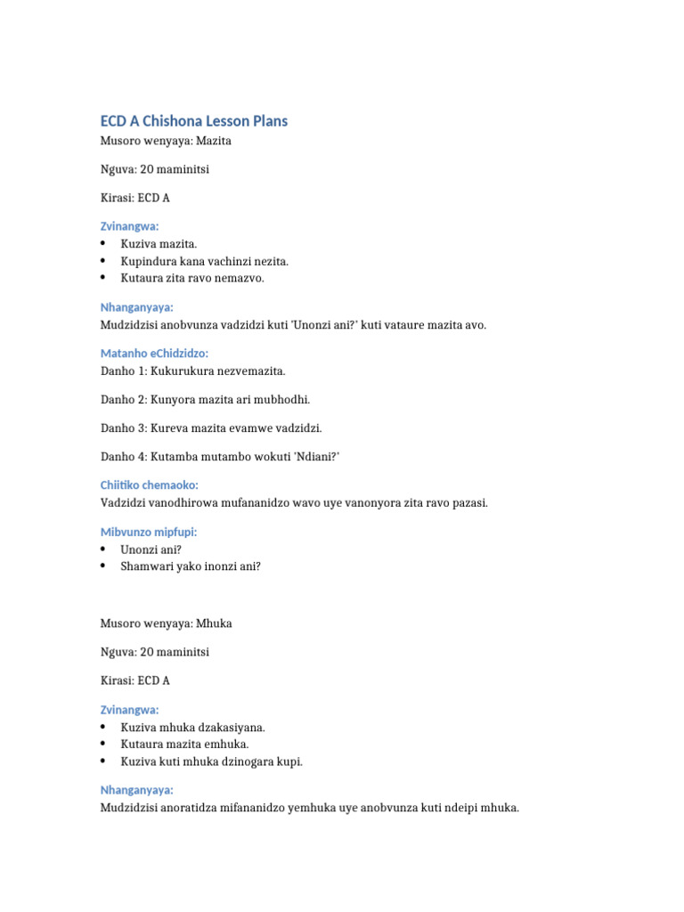 ECD A Chishona Lesson Plans Guide | PDF