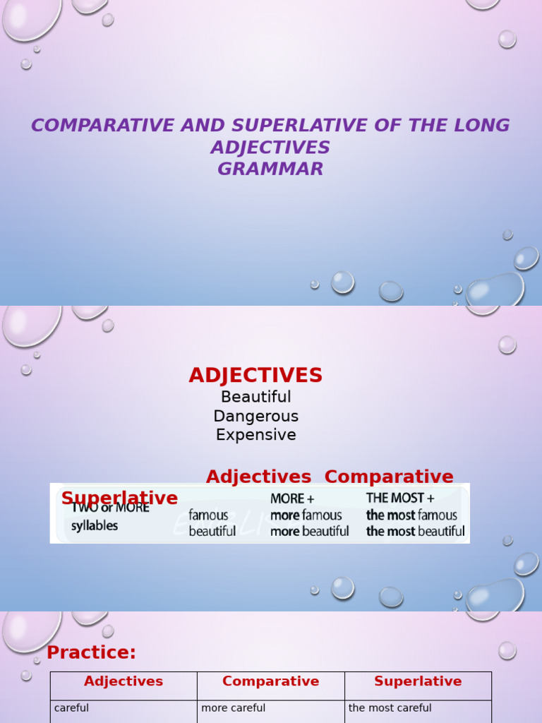Slides Grammar Comparative and Superlative of the Long Adjectives | PDF