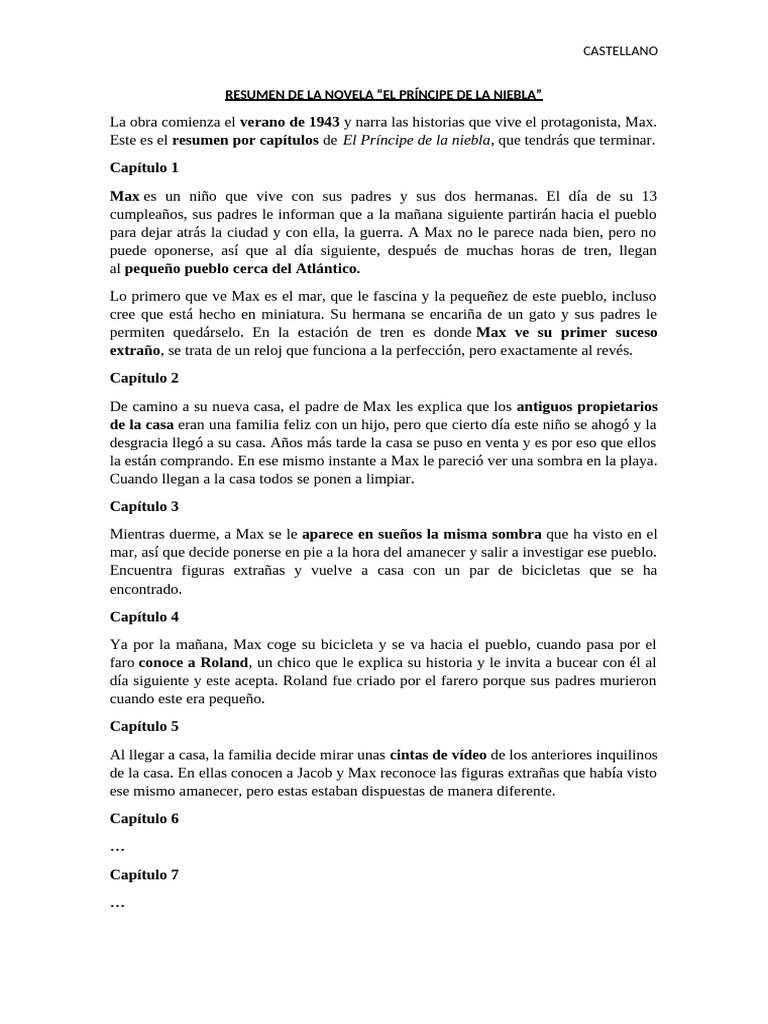 Alumnos Resumen El Príncipe de La Niebla | PDF