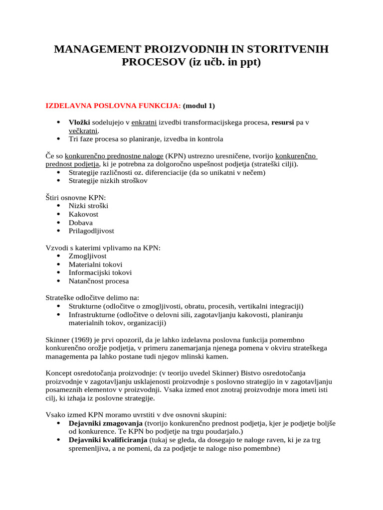 MANAGEMENT PROIZVODNIH IN STORITVENIH PROCESOV Zapiski Za Izpit | PDF