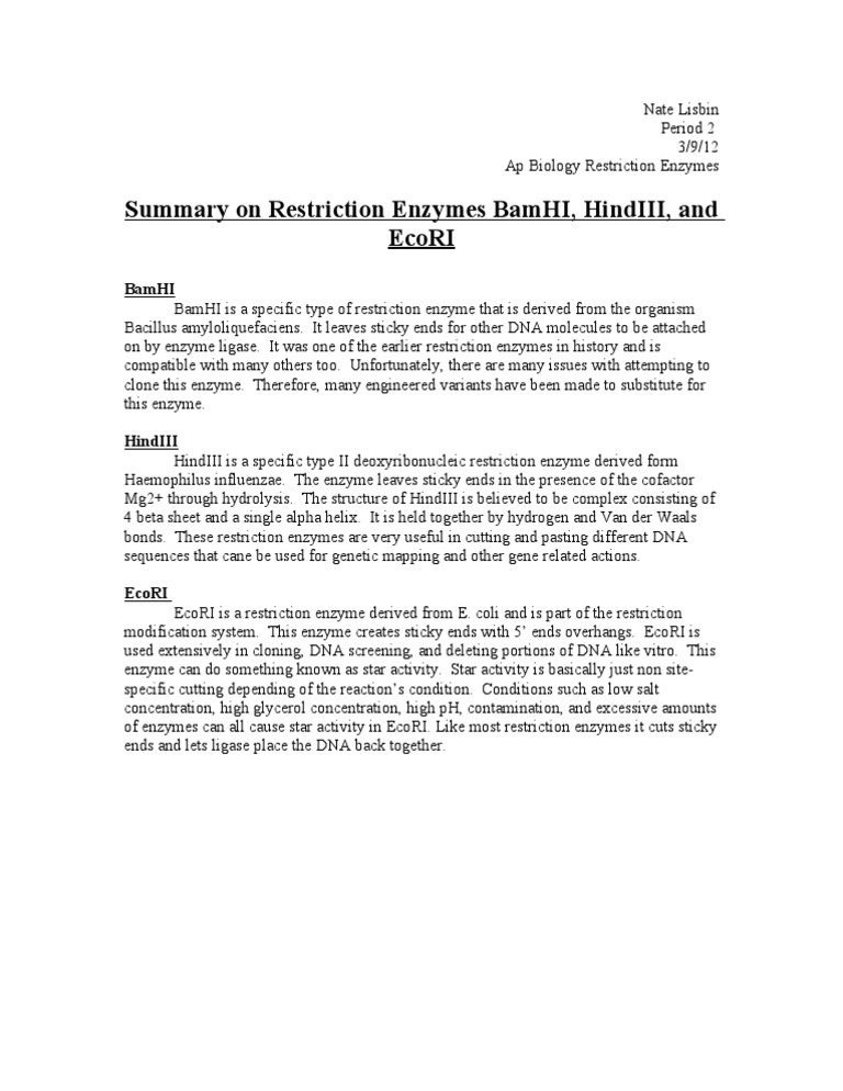 Overview of BamHI, HindIII, and EcoRI | PDF | Restriction Enzyme | Enzyme