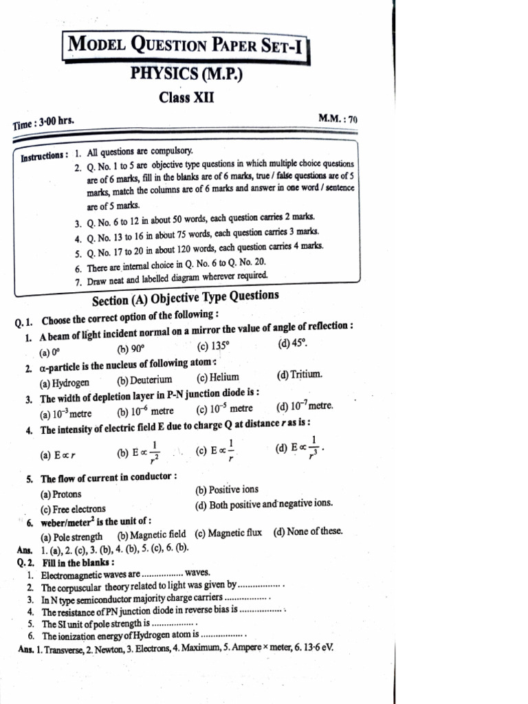Class XII Physics Model Question Paper | PDF | Electron | Inductance