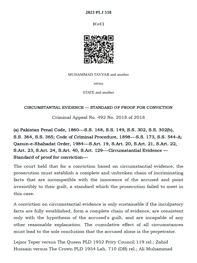 Muhammad Tayyab Vs State | PDF | Circumstantial Evidence | Burden Of ...