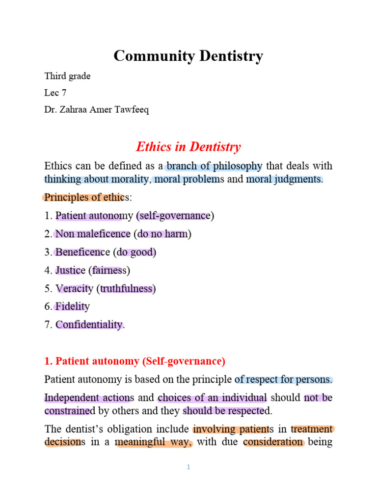 Lec 7 Ethics in Dentistry | PDF | Medical Ethics | Autonomy