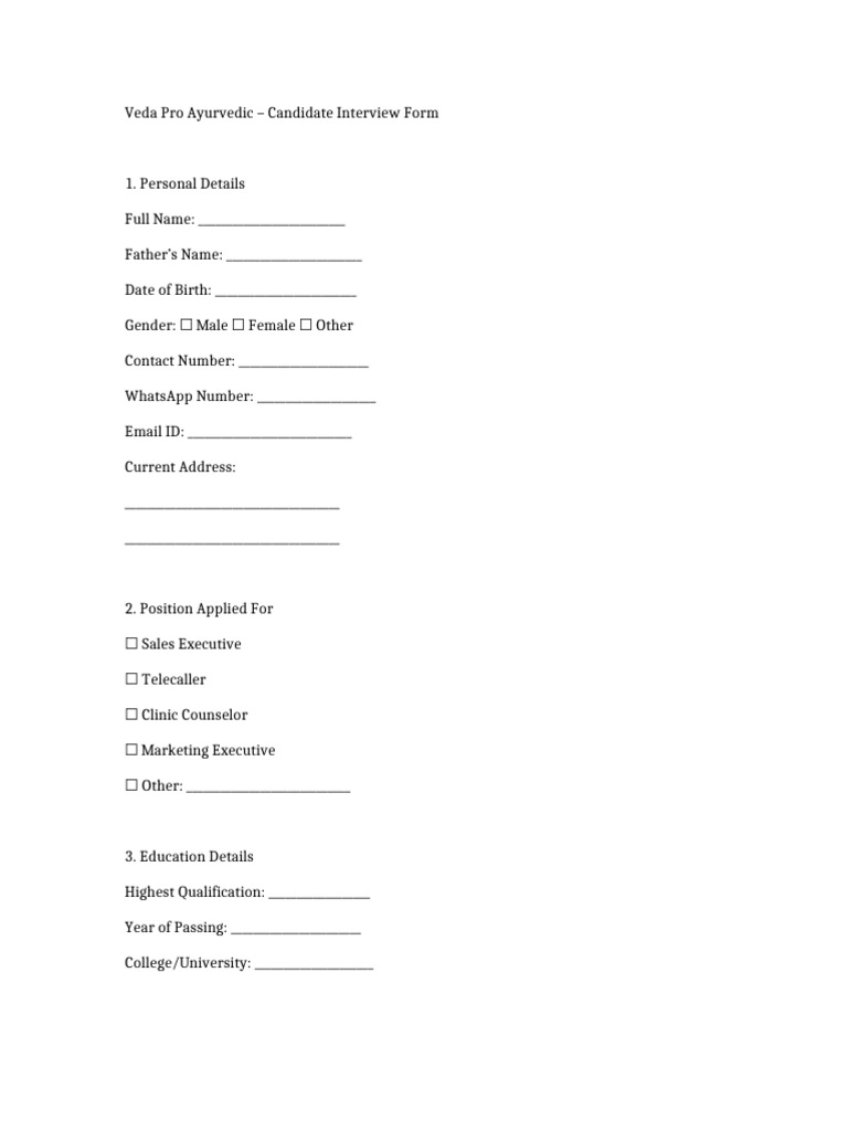 Veda Pro Candidate Interview Form | PDF